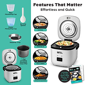 Rice Robot Personal Rice Cooker, PFAS-free, Nonstick. 1 Quart Capacity, with Stainless Steel Steamer Tray, Measuring Cups, Recipe Book with 60 Recipes, and Serving Spoon, As Seen On TV