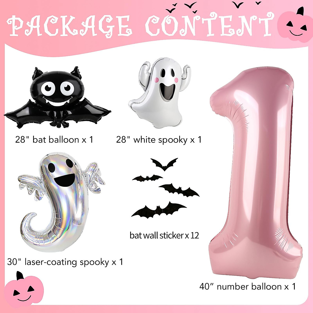 Dripykiaa 16Pcs Spooky One Balloon Set 40" Pink One Year Old Balloon Bouquet for First Birthday Bat Ghost Foil Helium Balloons Birthday Helloween Party Decorations Party Supplies Backdrops for Girl