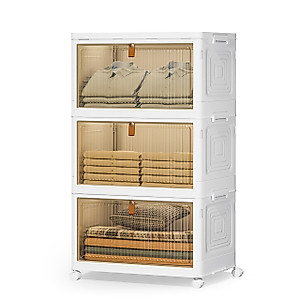 Closet Organizers and Storage, 70Qt Stackable Plastic Storage Bins with Lid, Foldable Storage Containers with Wheels, Organization and Storage Boxes for Clothes, Office Supplies, Snacks (23Qt × 3)