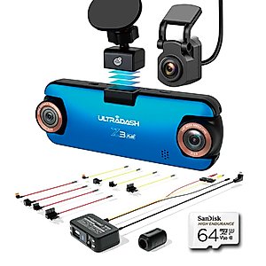 UltraDash Z3+ & R1 & HW1-B Standard ver - Front, Telephoto and Rear 3-Channel 2K Dash Cam with 64GB SD Card + Advanced Low-Voltage Power Protection and Timer Hardwire Kit Bundle, for Commute Drivers