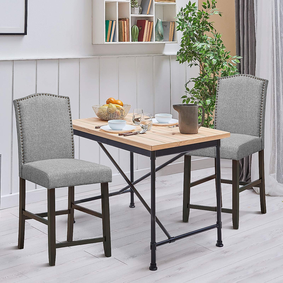 COSTWAY Bar Stools Set of 2, 25'' Upholstered Counter Height Bar Stools with S-Shaped Spring Thick Cushion, Rubber Wood Legs, High Back Leisure Chairs for Living, Kitchen, Dining Room (Grey, 2)