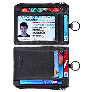 kinzd Slim Minimalist Zipper Credit Card Holder Leather Front Pocket Wallet with Keychain Ring Lanyard Strap