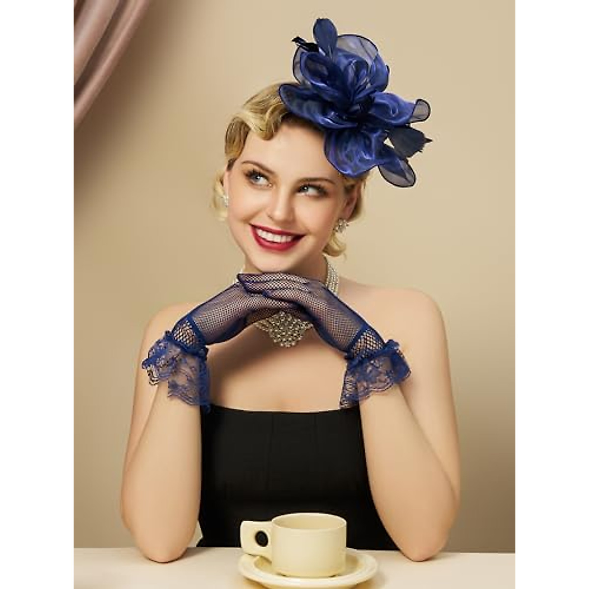 SWEETV Fascinators Hats for Women Tea Party Hat and Gloves Set for Kentucky Derby, Cocktail, Wedding, Fancy Dress Party Blue