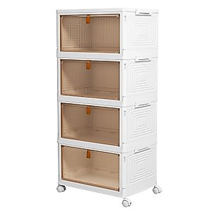 4 Tier Plastic Storage Bins with Lid 23QT, Stackable Storage Containers with Wheels, Folding Storage Boxes, Collapsible Storage Bins, Closet Organizers and Storage for Living Room,Office,Dorm