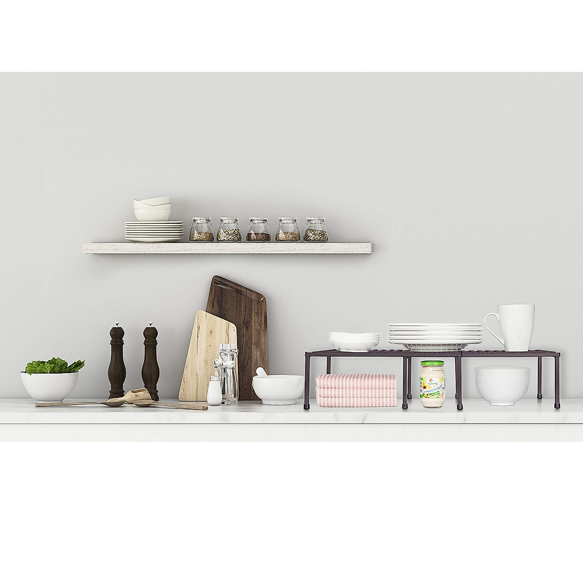 STORAGE MANIAC Set of 4 Kitchen Rack, Expandable Kitchen Storage Rack, Kitchen Shelf Organizer Rack, Adjustable Kitchen Bakers Rack, Kitchen Organization Shelf Rack for Cabinet, Bathroom, Bronze