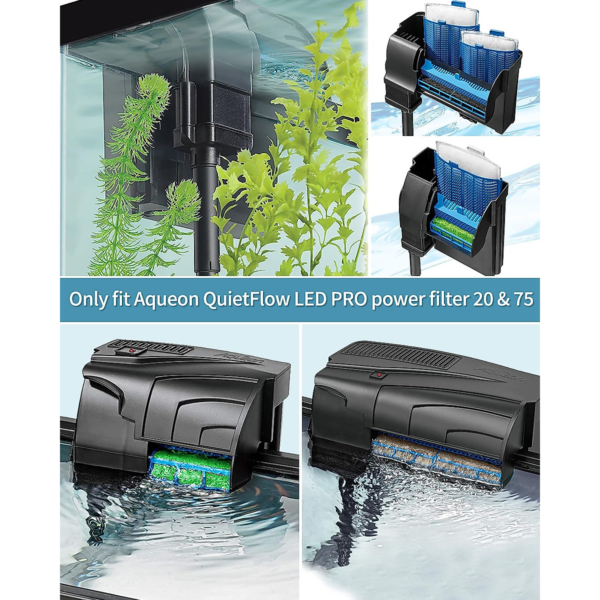 Pawfly 6 Count Mixed Filter Pads for Aqueon QuietFlow LED PRO Aquarium Power Filter Model 20 & 75 Fish Tank Ammonia Reducer & Activated Carbon & Phosphate Removal Sponges for Water Filtration (Medium)