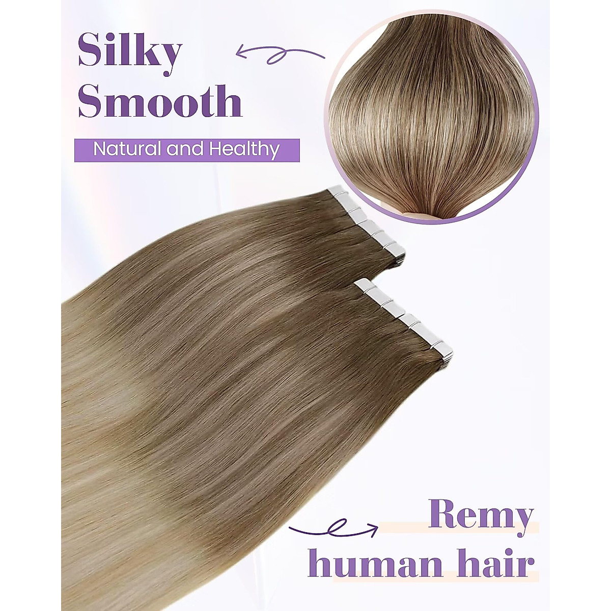 LaaVoo Tape in Hair Extensions Balayage Brown to Ash Blonde with Platinum Blonde Hair Extensions Tape in Human Hair Blonde Ombre Tape in Hair Extensions Human Hair for Women Seamless 12inch 30g 20pcs