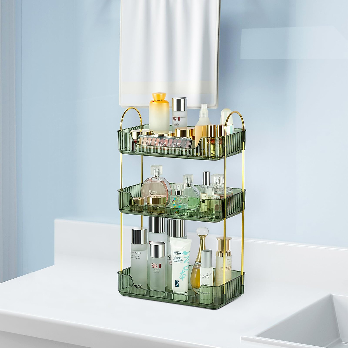 LileZbox Bathroom Counter Organizer Skincare Organizer Perfume Holder for Dresser Countertop Shelf Bathroom Countertop Tray for Cosmetic Skin Care Lipstick (Green 2-Storey)