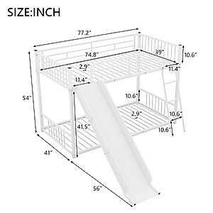 BOVZA Twin Over Twin Low Bunk Bed with Slide, Metal Bunk Bed Frame with Metal Slats Support and Guardrails for Kids Boys Girls Teens, No Box Spring Needed, White
