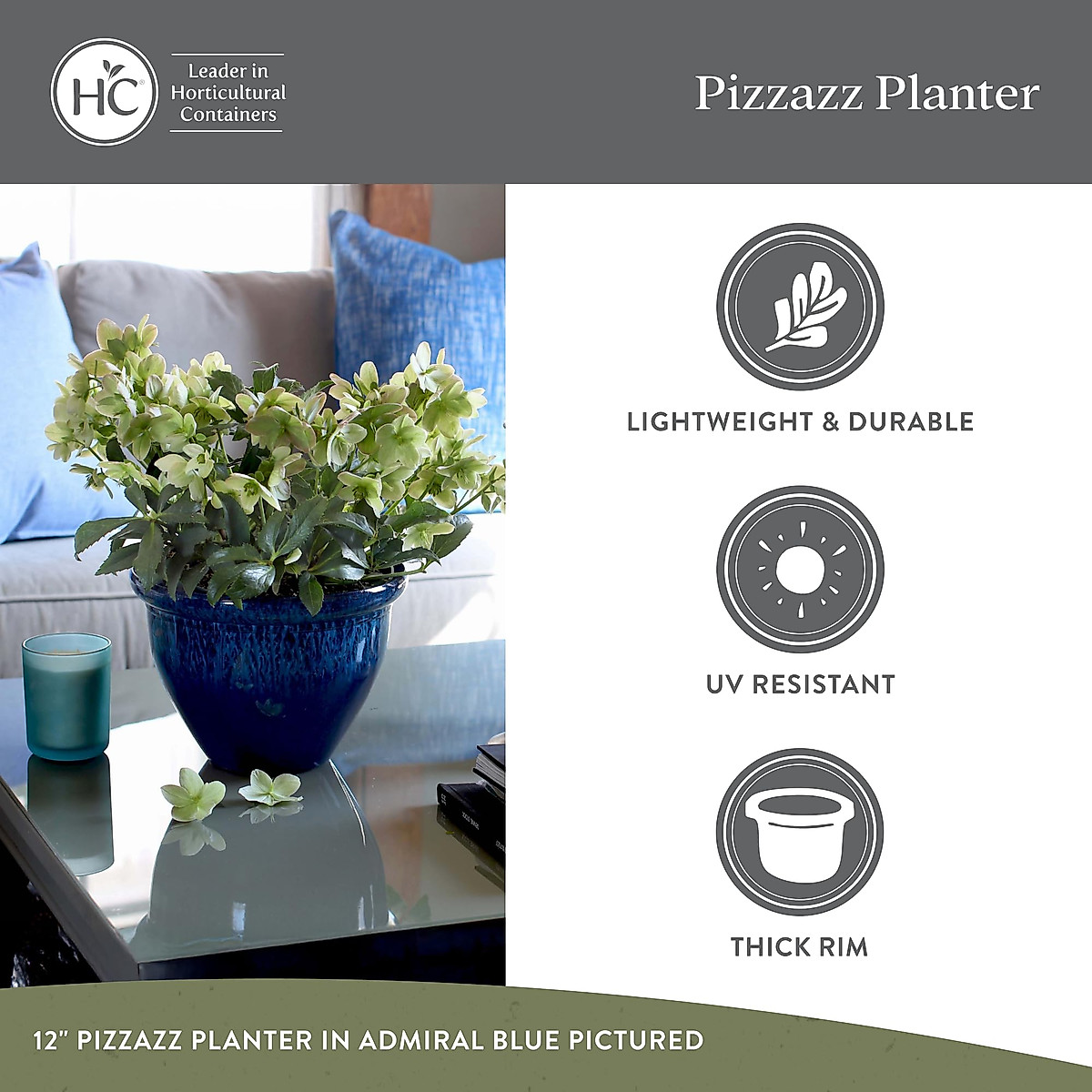 The HC Companies 9 Inch Pizzazz Decorative Round Planter - Lightweight Premium Resin Plant Pot with a Ceramic Look for Indoor Outdoor Use, Admiral Blue