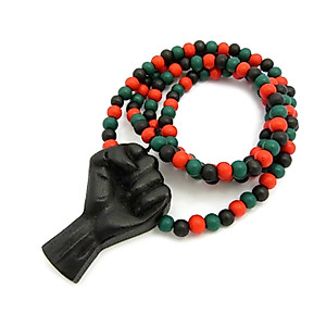Hip Hop Rising Fist Pendant 8 mm 24, 27, 30 inches Wooden Bead Necklace (Multi Beads, 36)