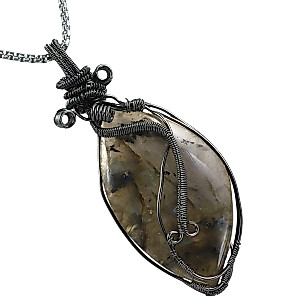 SUNYIK Natural Labradorite Pendant Necklace for Men Women, Irregular Handmade Wire Wrapped Crystal Necklace for Unisex