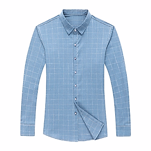 Men Casual Striped Dress Shirt Plaid Lightweight Button Down Business Shirts Patchwork Slim Long Sleeve Shirt (Blue 2,185)