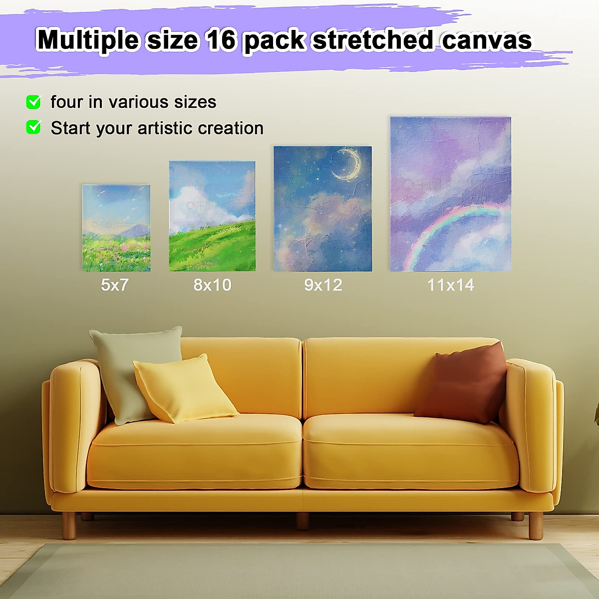 Inburit Stretched Canvas for Painting for Adults, Artist, 16 Multi Packs with 11x14, 9 x12, 8x10, 5x7(4 of Each), Blank Primed Canvas for Oil, Acrylic & Other Painting Media