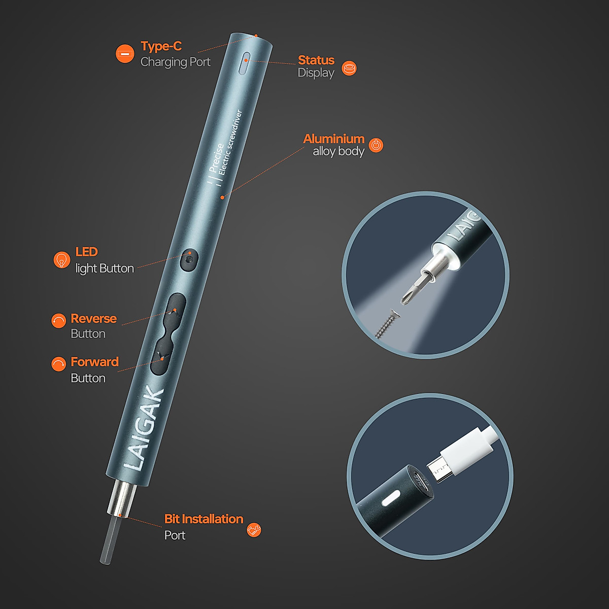 LAIGAK 62-in-1 Electric Precision Power Screwdriver Set, 48 Magnetic Bits, Aluminum Rechargeable Portable Cordless Magnetic Repair Tool Kit for Phone Camera Laptop Watch