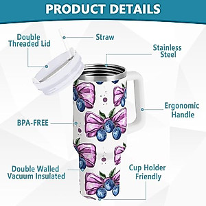 DIGTIA Stainless Steel Insulated Tumbler w/Handle & Straw, Bowknot Double Wall Vacuum Travel Coffee Mug Cup w/Lid, Leak-Proof Sports Blueberry Water Bottle,40oz