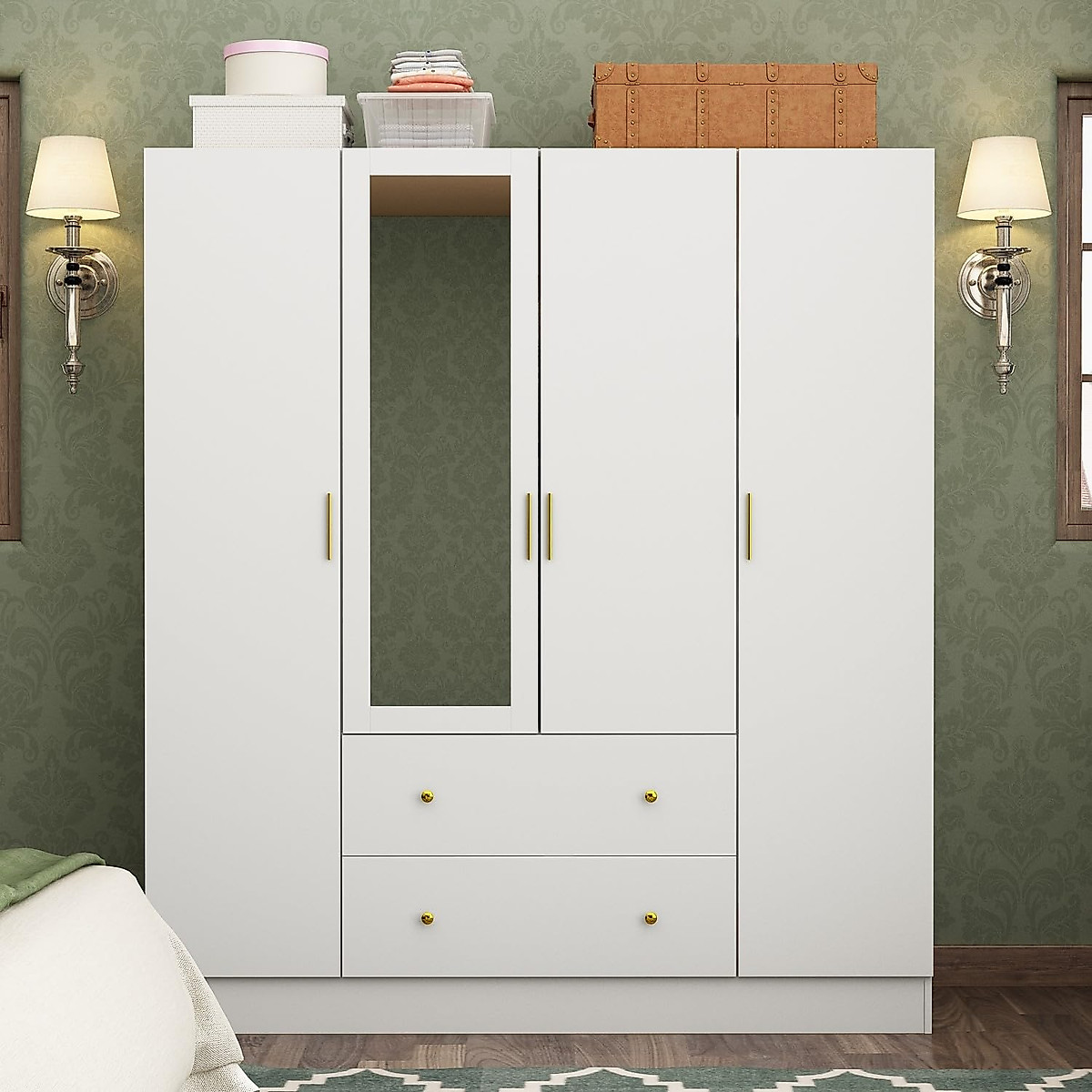 FAMAPY 4-Door Wardrobe Closet with Mirror, Armoires and Wardrobes with Drawers and Shelves, Armoire Wardrobe Closet with Hanging Rod, White (63”W x 19.7”D x 70.9”H)