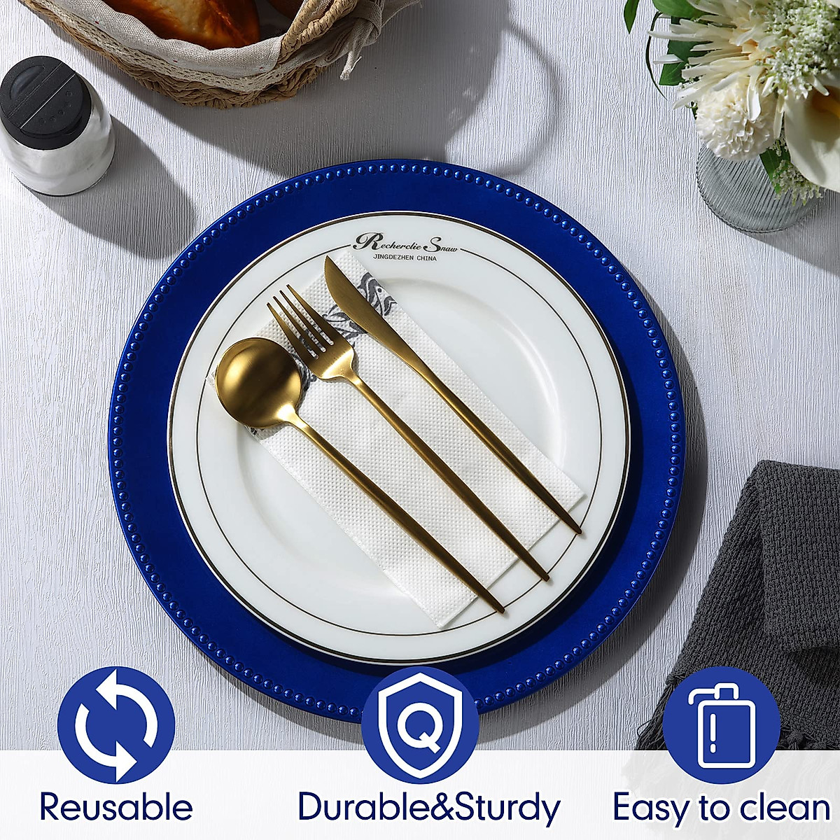 Gerrii 12 Pcs Metallic Bead Charger Plates 13 Inch Plastic Round Charger Plates Bulk Wedding Beaded Chargers for Dinner Plates, Table Party Event Decoration (Navy Blue)