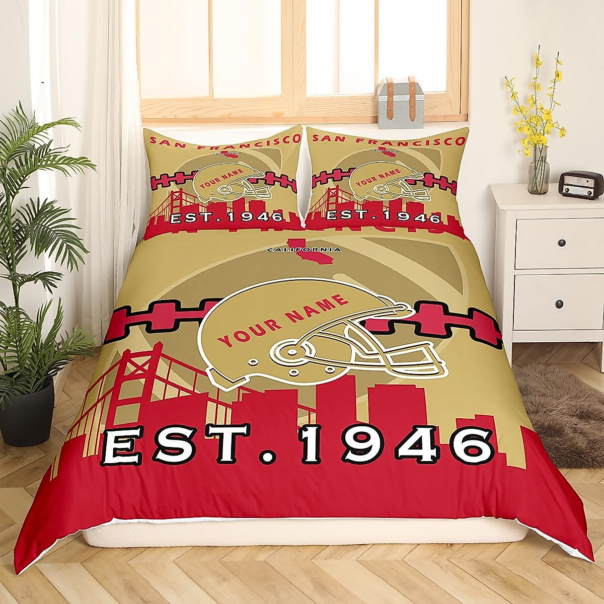 Erosebridal Custom Name Football Duvet Cover Queen,Football Bedding Set for Boys,American Football Comforter Cover,Football City Bed Sets with 2 Pillow Shams,Red Yellow(San Francisco)