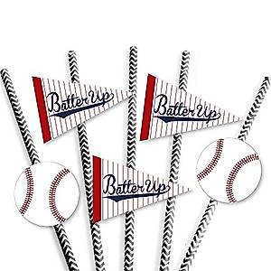 Big Dot of Happiness Batter Up - Baseball Paper Straw Decor - Baby Shower or Birthday Party Striped Decorative Straws - Set of 24