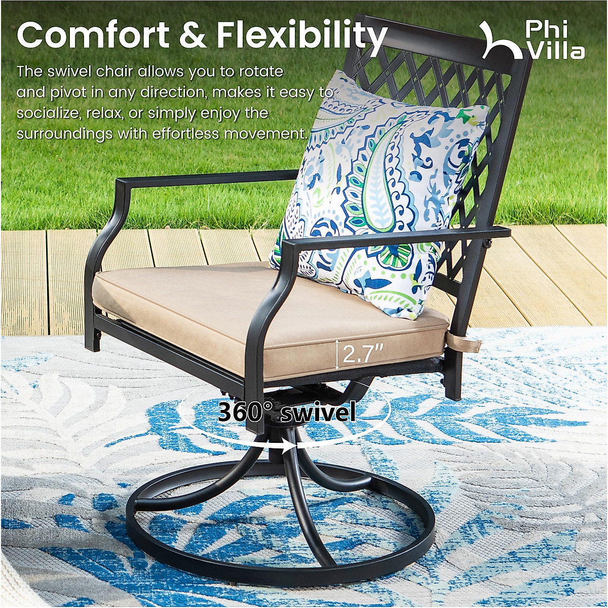 PHI VILLA Patio Dining Set 7 Pcs 1 Extendable Dining Table and 6 Swivel Chairs Support 300 lbs for Outdoor Backyard Bistro Furniture Set with Cushion