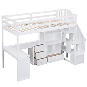 Bellemave Twin Size Loft Bed with Desk and Stairs Wood Loft Beds with Storage Cabinet and Bookcase High Loft Bed Frame with Staircase Shelves for Kids, Teen, Boys, Girls, White