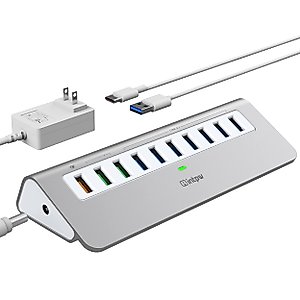 Powered USB Hub 10Gbps, 10 Port USB 3.1 Gen 2 Hub with 7 USB 3.1 Data Ports, 3 Fast Charging Ports, 36W Power Adapter, Type A and Type C Cable, Aluminum USB Data Hub for Mac, PC, Laptop