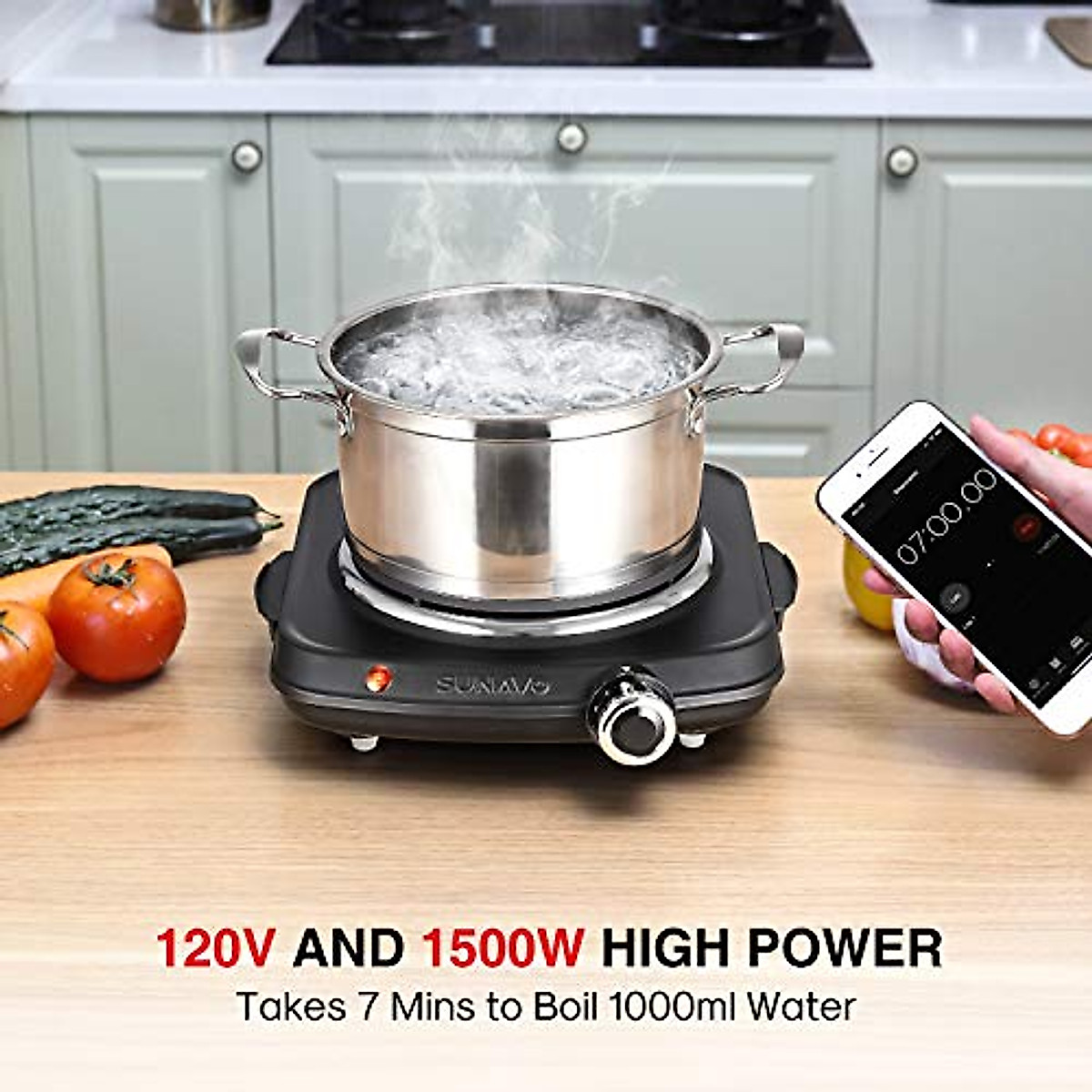 SUNAVO 1500W Hot Plates for Cooking, Electric Single Burner with Handles, 6 Power Levels Stainless Steel Hot Plate for Kitchen Camping RV and More Black