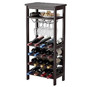 Bamboo Wine Rack, Wine Rack Freestanding Floor with Glass Holder Rack, Tabletop & 16 Bottles Holder, Wine Display Storage Stand for Kitchen, Office, Bar