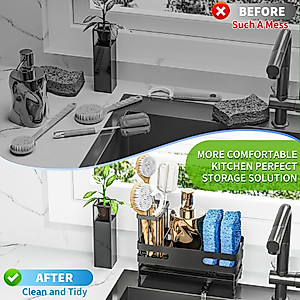 galasily Kitchen Sink Caddy Sponge Holder for Kitchen Sink with Brush Holder and Stainless Steel Self Drain Tray, Rustproof Kitchen Sink Organizer for Sponge, Kitchen Accessories (Black, Large)
