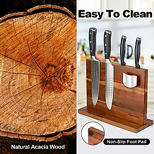 Magnetic Knife Block, Double Sided Magnetic Knife Holder Rack with Strong Enhanced Magnets, Acacia Wood Magnetic Knife Storage Stand with Stainless Steel Finger Protector