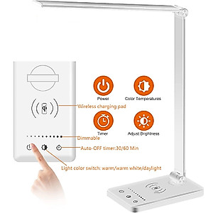 LED Desk Lamp Dimmable Table Lamp Reading Lamp with USB Charging Port, 5 Lighting Modes, Sensitive Control, 30/60 Minutes Auto-Off Timer, Eye-Caring Office Lamp (Silver, White)