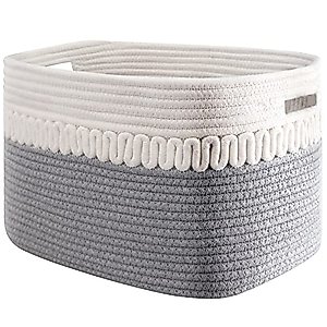 AROPEME Cotton Rope Basket | 15"x10"x9" Rectangle Woven Storage Basket for Toys Books Towels Shelves | Coiled Decorative Basket with Handle for Living Room Bathroom | Baby Nursery Bin, Grey