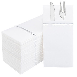 Nervure 100PCS Silver Paper Napkins with Built-in Flatware Pocket - White and Silver Prefolded Cloth Like Disposable Napkins - Heavy-duty Linen-Feel Dinner Napkins for Party & Wedding & Dinner