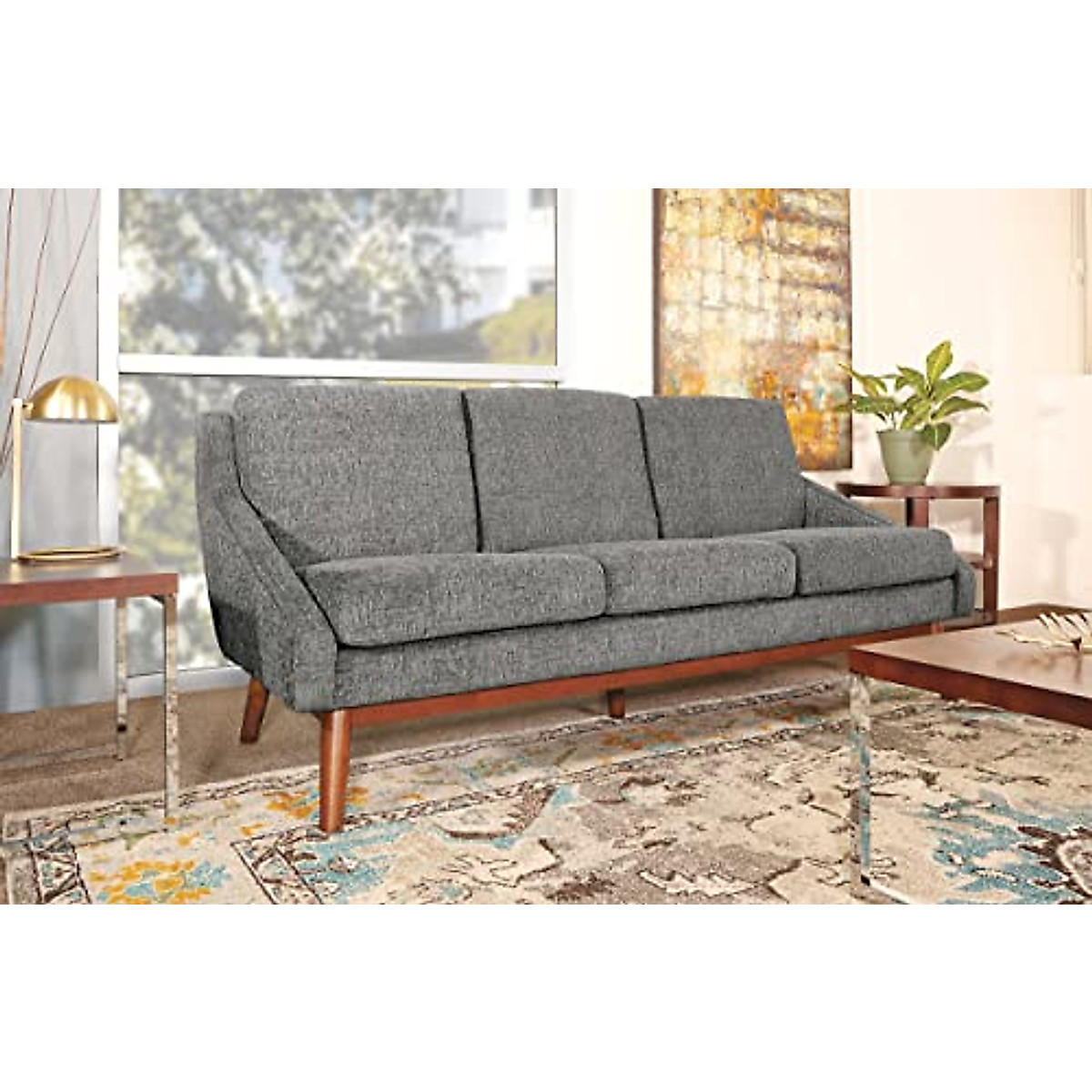 Office Star Davenport Mid-Century Sofa with Thick Cushions and Solid Wood Coffee Finish Legs, Charcoal Fabric