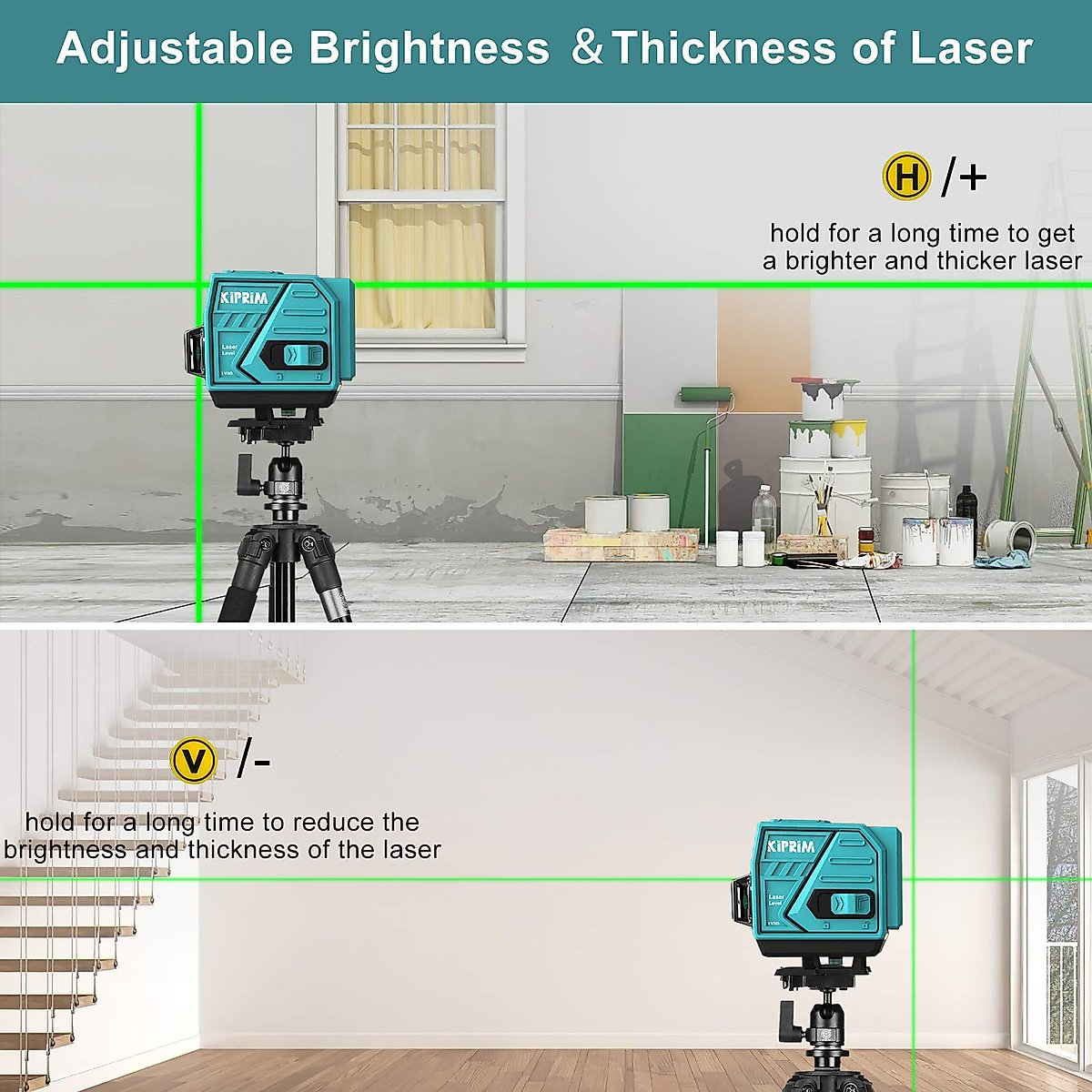 Kiprim 3x360° Green Laser Level Self-Leveling Tool 100ft for Construction Adjustbable Brightness, Remote Controller, Magnetic Rotating Stand,Portable Bag and Adapter Included