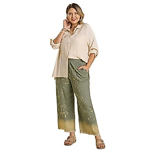 Umgee Linen Blend Bleach Dip Dye Elastic Waistband Wide Leg Pants with Pockets and Frayed Edged Hem