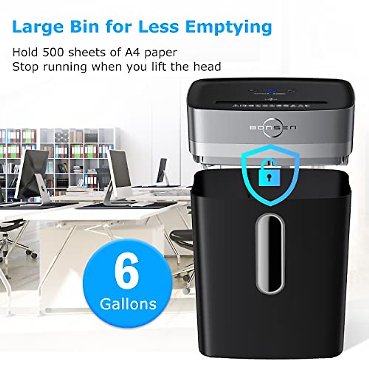 BONSEN 12-Sheet Crosscut Paper Shredder for Home Office, 52dB, P-4, Large 6-Gal Bin, 10-Min Non-Stop Running, Credit Card/Staple Shredder for Home