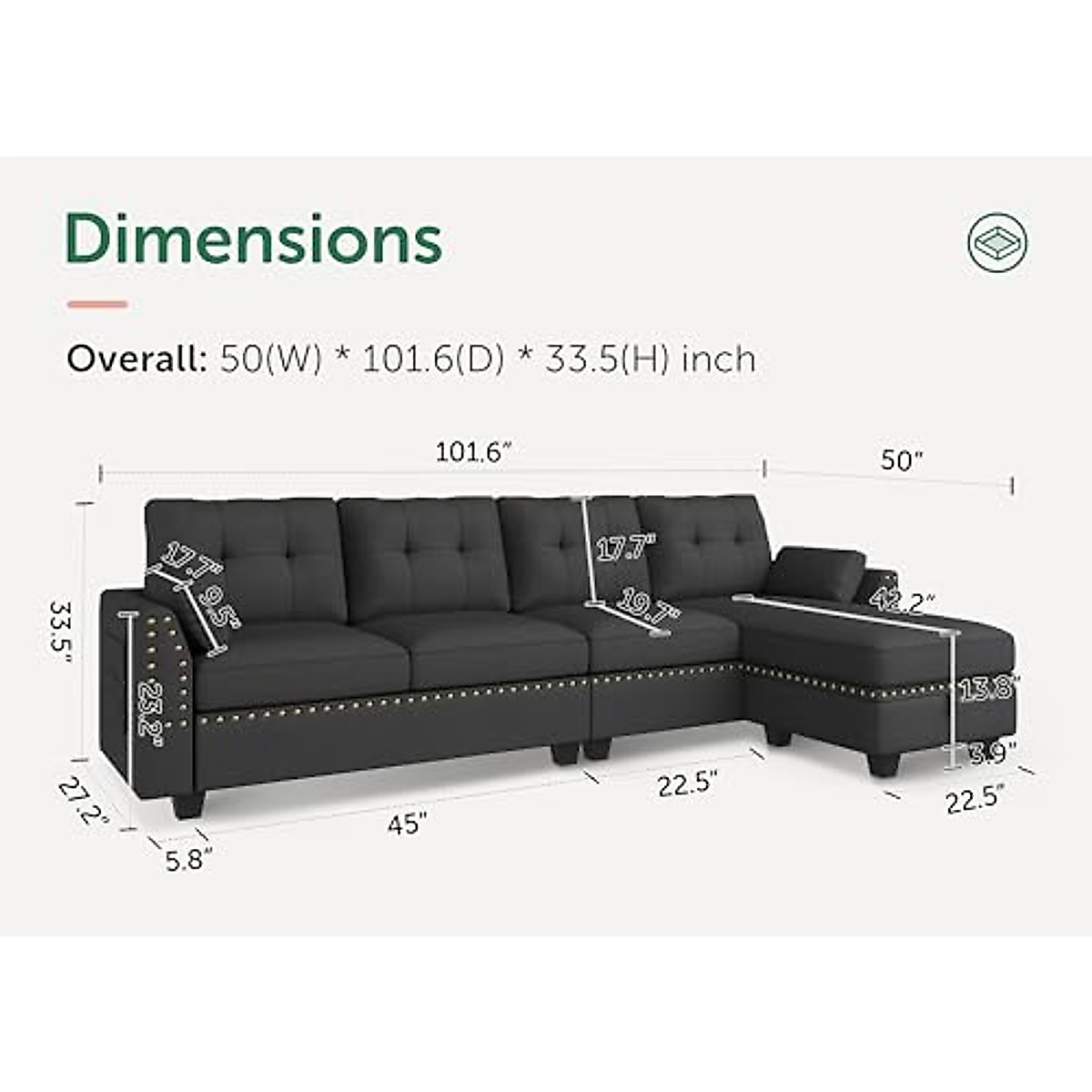 HONBAY Reversible Sectional Sofa L-Shape Sofa Convertible Couch 4-Seater Sofas Sectional for Apartment Deep Grey