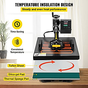VEVOR Heat Press Machine, 15x15in 2in1, Clamshell Sublimation Transfer Printer with Teflon Coated, Digital Precise Heat Control, Powerpress for T-Shirts Hats Caps