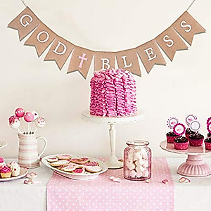 WAWOO God Bless Banner - First Communion Decoration, Baptism Decor,God Bless Decoration,Photo Props Crosses,1st Communion Party (Pink GOD Bless)