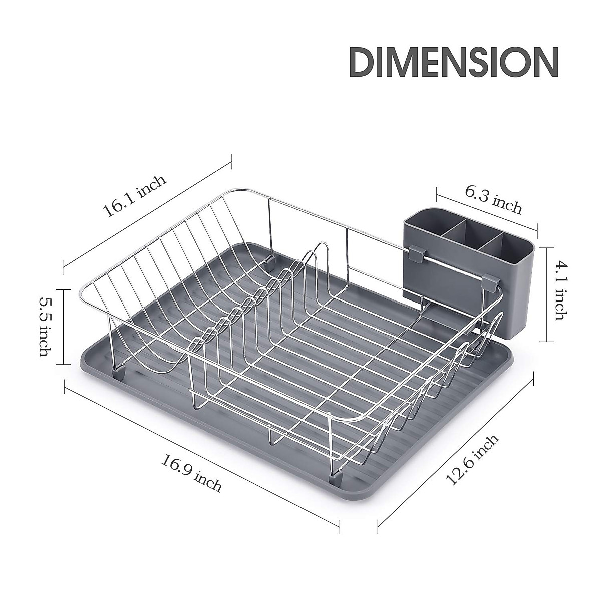 TOOLF Dish Rack, Large Capacity, Dish Drying Rack with Cutlery Holder, Removable Drip Tray, Cup Holder, Compact Kitchen Drainers for Countertop, Grey