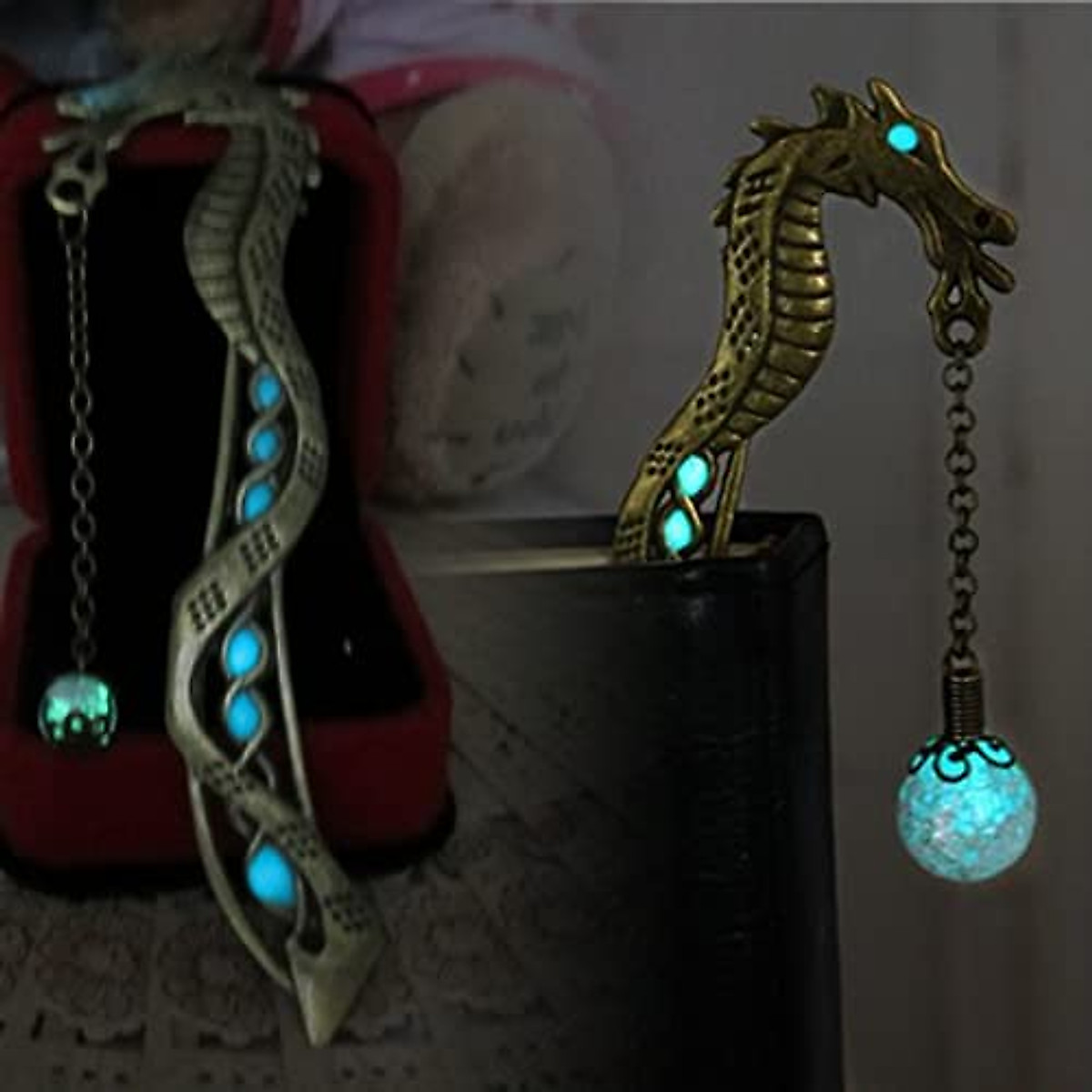Operitacx Bead Gift The Glowing Reader Hairpin Retro Stationery Luminous Use Favors Pendant Lovers Shape with and D Alloy Book Bookmarks in Gifts for Metal Glow Daily Pearl Dragon