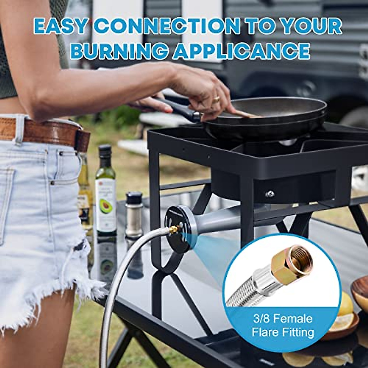 Kohree 8 FT High Pressure Propane 20 PSI Adjustable Regulator with Hose Stainless Steel Braided QCC-1 Type Connection for Turkey Fryer, Firepit, Newer U.S. 5-40lb Propane Gas Tanks, Cooker