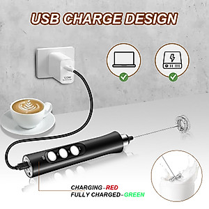 Electric Milk Frother Handheld with 3 Whisks - USB Rechargeable frother 3-Speed Adjustable Foam Maker Drink Mixer for coffee Latte Cappuccino Cake Egg Hot Chocolate