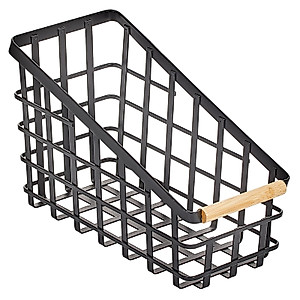 mDesign Slim Slanted Metal Wire Kitchen Storage Basket Bin Organizer with Wood Handle for Pantry, Cabinet, Cupboard, or Countertop Organization - Yami Collection - Matte Black/Natural