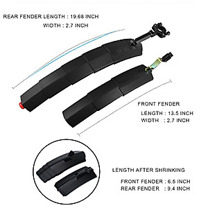 LESOVI Retractable Bike Fenders Set Fender Front & Rear Mountain Road Bike Mudguard Tyre Mud Guard with LED Light (Black)