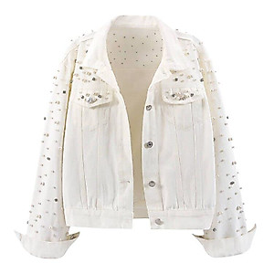LifeShe Women's Pearls Denim Jacket Cropped Rhinestones Jean Jacket Coat