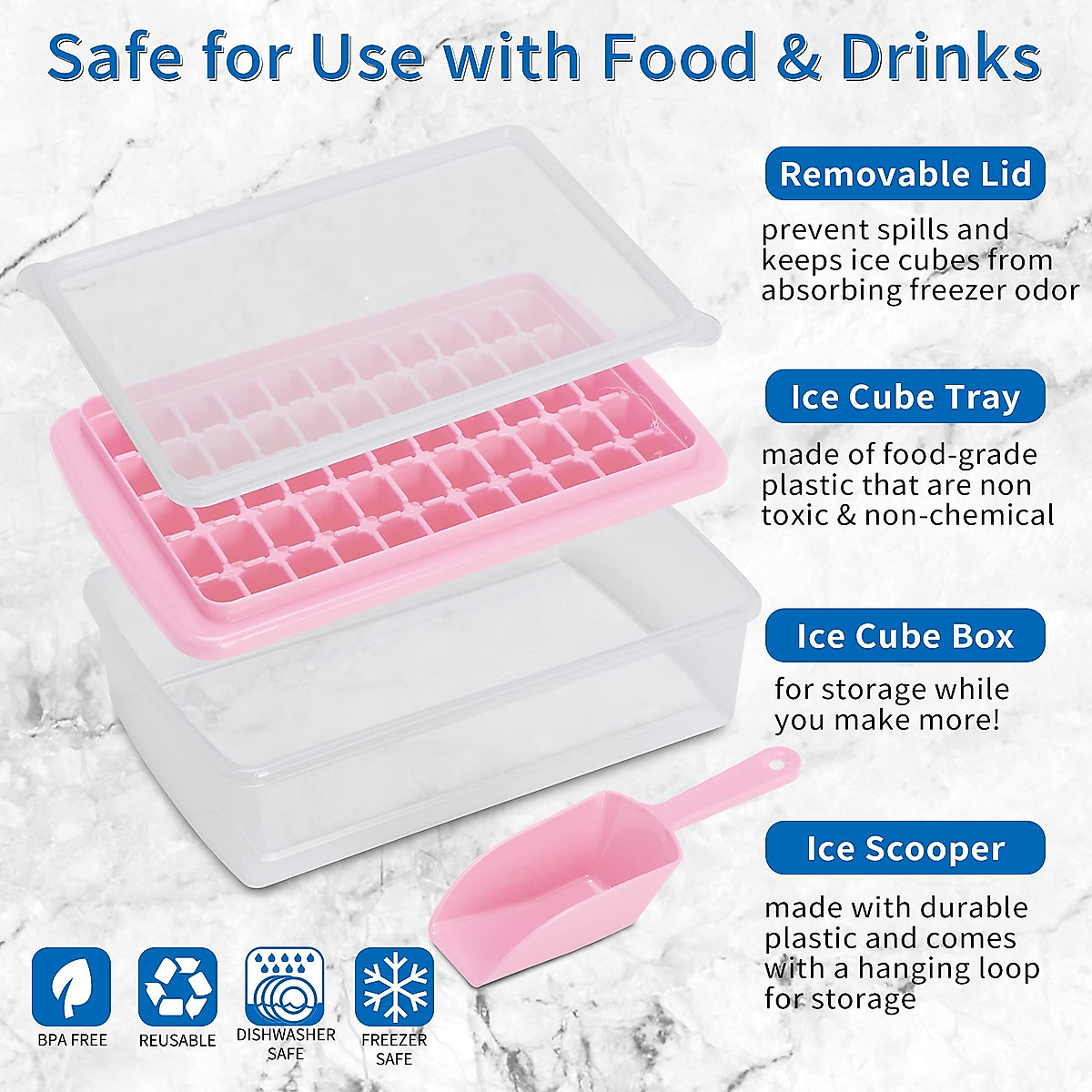 Ice Cube Tray with Lid and Bin for Freezer, Easy Release 55 Nugget Ice Tray with Cover, Storage Container, Scoop. Perfect Small Ice Cube Maker Tray & Mold. Flexable Durable Plastic, BPA Free