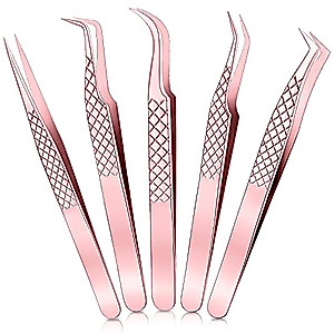 5 Pieces Eyelash Extension Tweezers Set Straight and Curved Tip False Lash Tweezers Eyelash Volume Tweezers Stainless Steel Precision Tweezers for Eyelash Extension (Rose Gold)